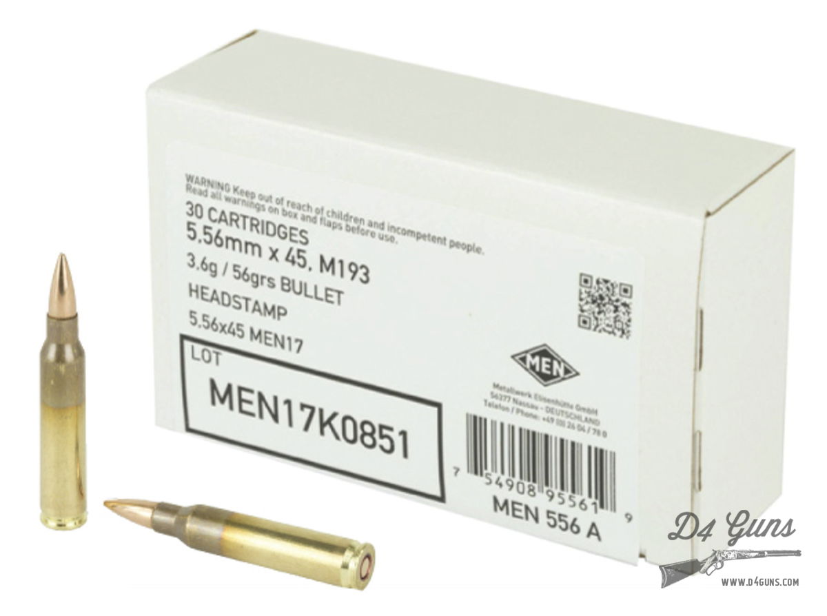 Magtech MEN 5.56x45mm 56gr FMJ M193 30 Rounds MEN556A 754908955619 | D4 ...