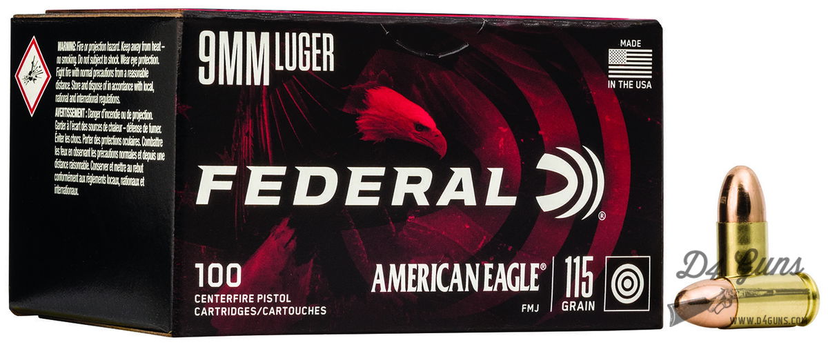 Federal American Eagle 9mm Luger 115gr FMJ 100 Rounds AE9DP100 ...
