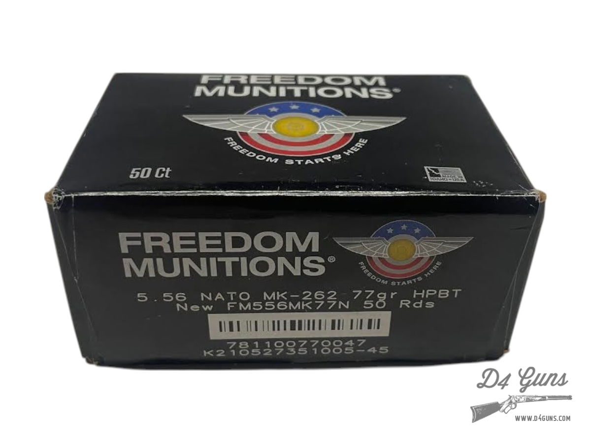 Freedom Munitions MK262 5.56x45mm 77gr HPBT 50 Rounds 781100770047 | D4 ...
