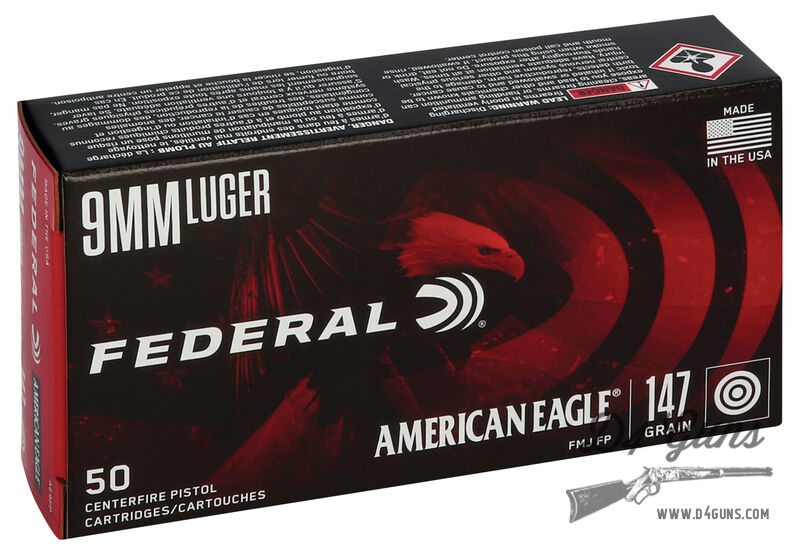 Federal American Eagle 9mm Luger 147gr FMJ FP 50 Rounds AE9FP ...