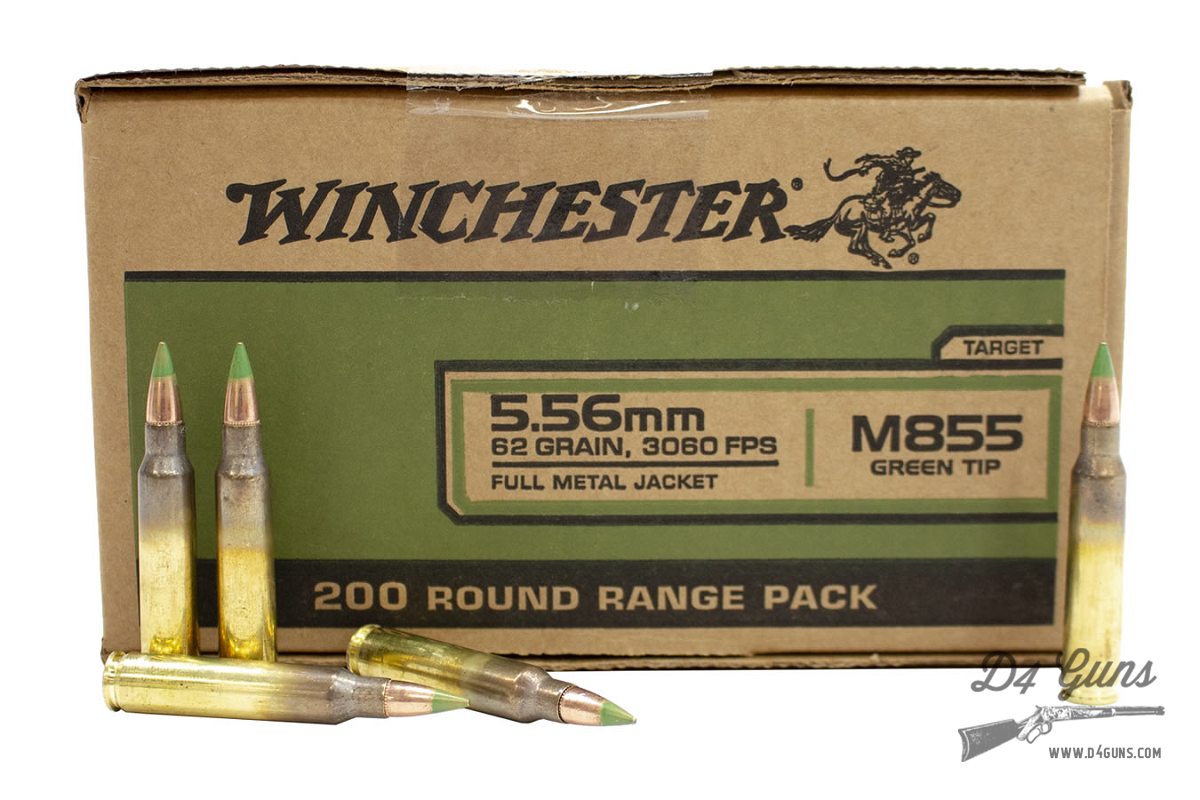 Winchester 5.56x45mm NATO 62gr FMJ 200 Rounds M855 Green Tip ...